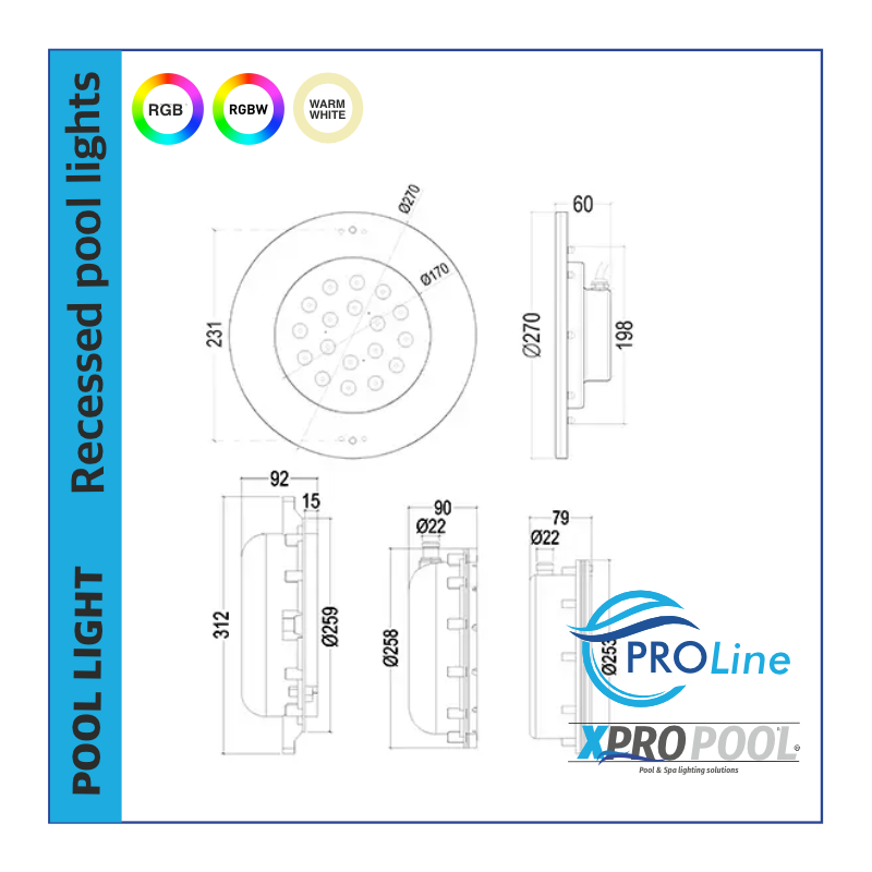 PROLINE | 270 MM | stainless steel 316L Recessed pool light | Warm ...